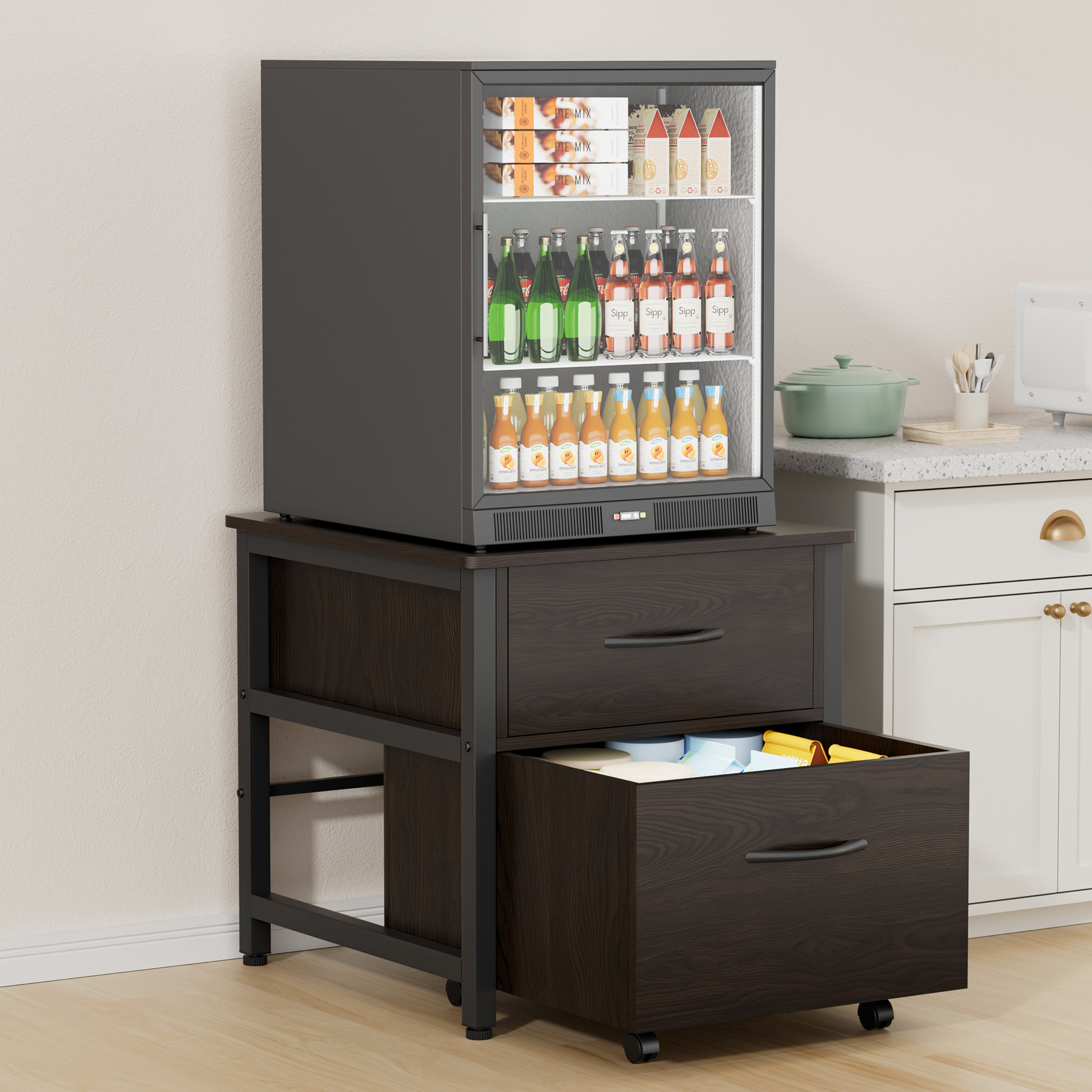 COOLBEBE Mini Fridge Stand With Storage, Beverage Refrigerator Stand Table With Rolling Cabinet ...